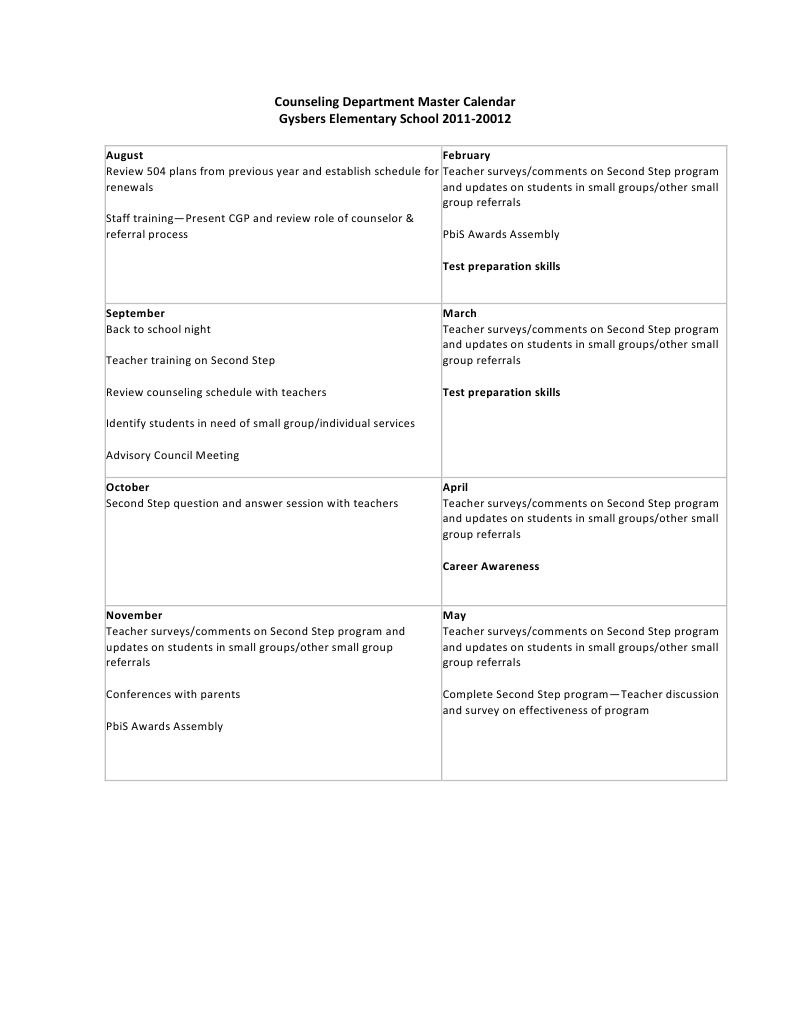Counseling Department Master Calendar Gysbers Elementary School 2011 ...