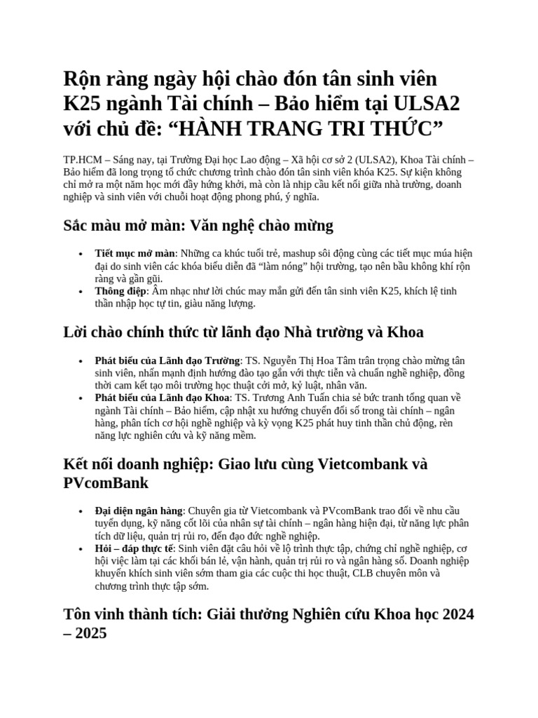 Rộn Ràng Ngày Hội Chào Đón Tân Sinh Viên K25 Ngành Tài Chính | PDF