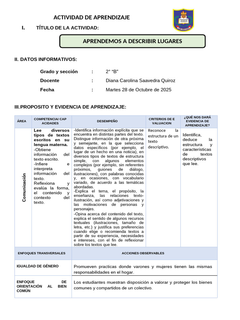APRENDEMOS A DESCRIBIR LUGARES | PDF | Aprendizaje | Información