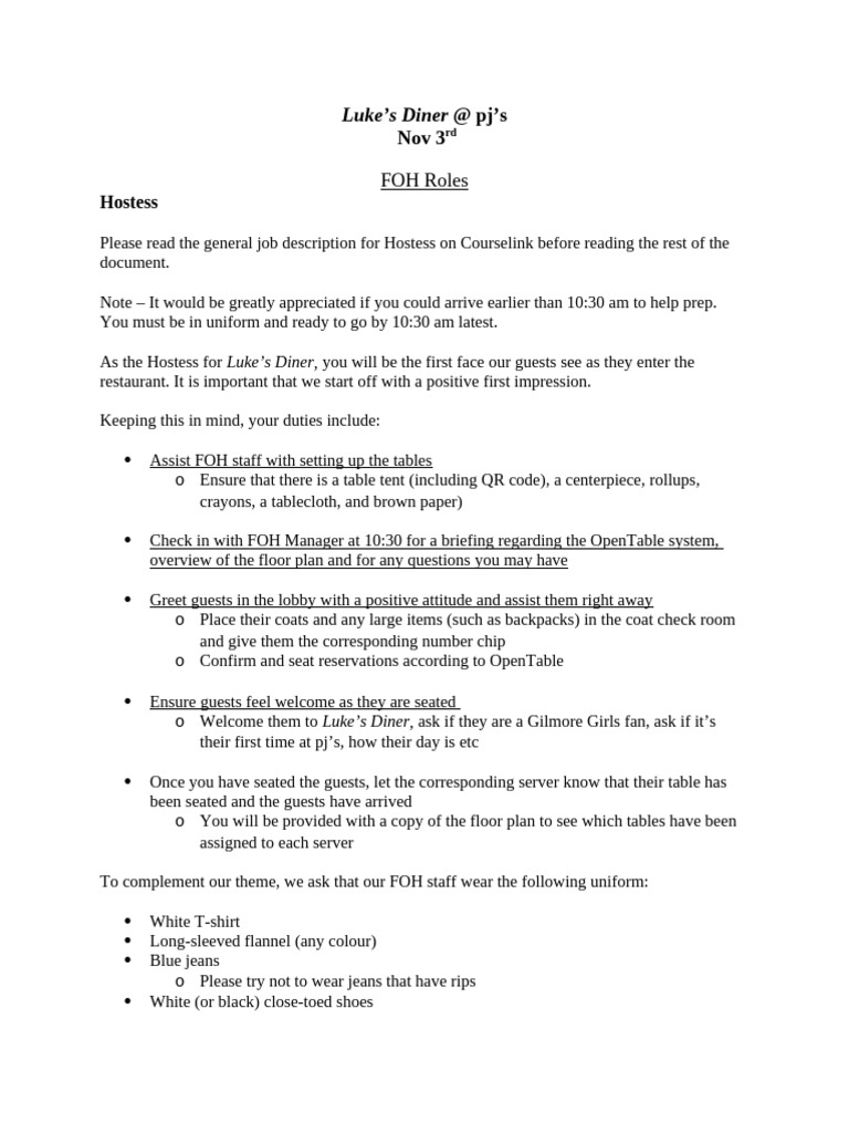 FOH Job Pack | PDF | Waiting Staff | Tableware