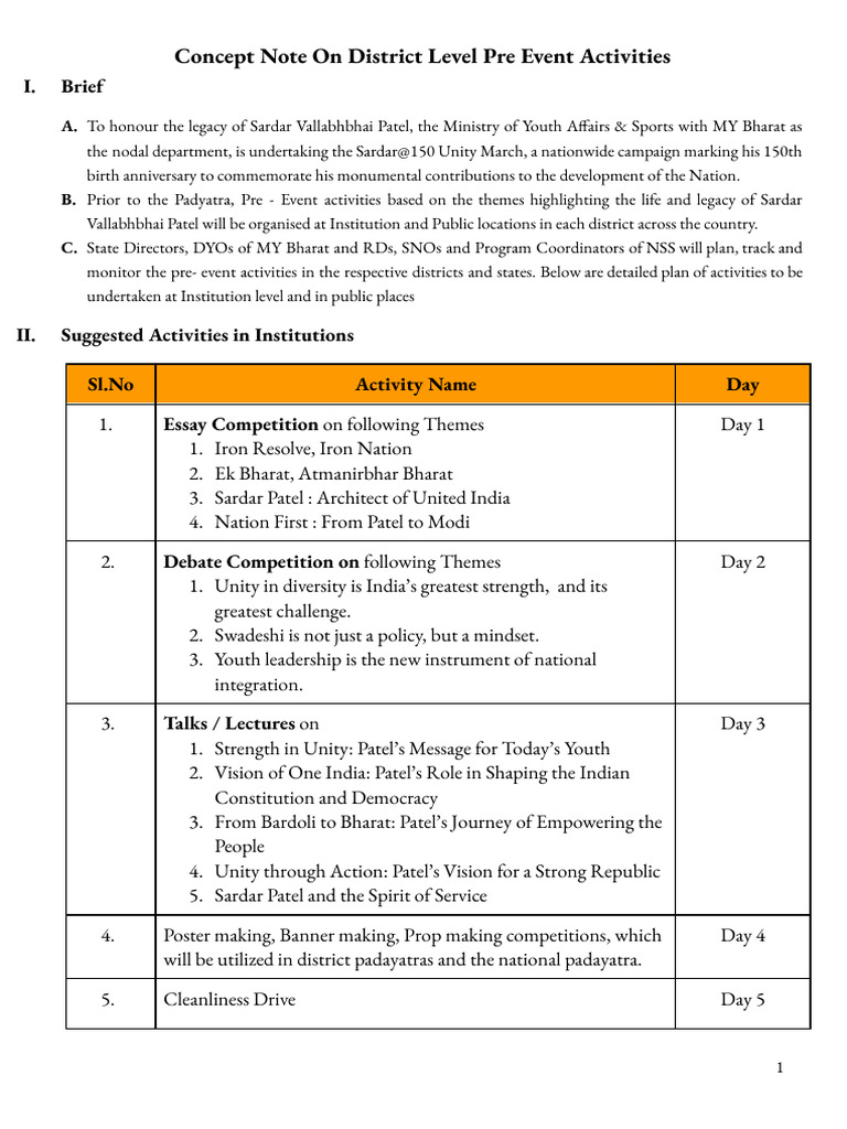 Concept Note On District Level Pre Event Activities - Sardar@150 ...