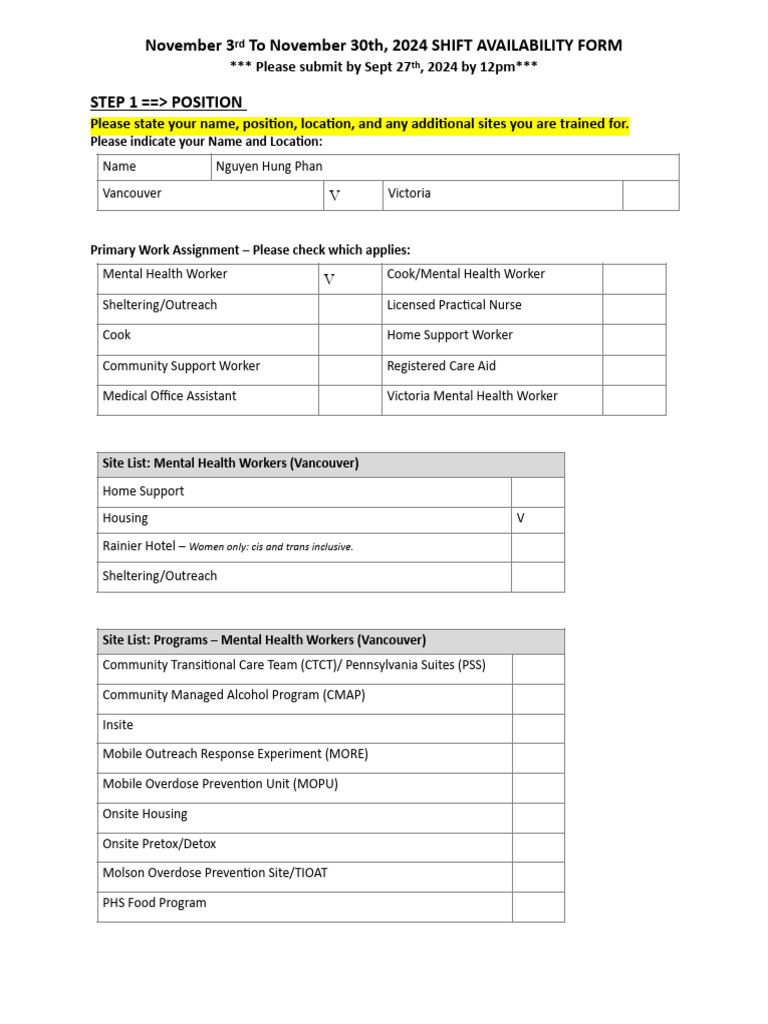 0930 HP-Availability Form Nov 3rd To Nov 30th | PDF