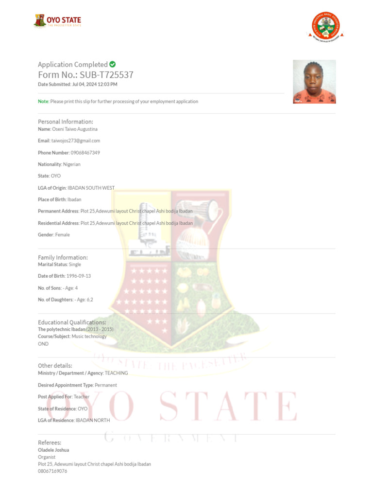 Application Successful! - Oyo State Job Portal | PDF