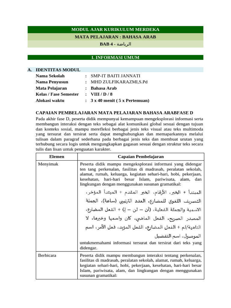 Modul Ajar Bahasa Arab Kelas 8 Bab 4 AR Riyadho | PDF