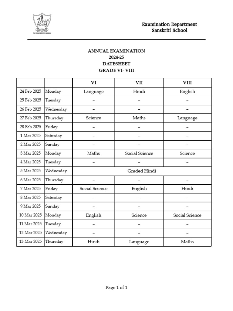 Grade 6 To 8 - Annual Examination Date Sheet - FINAL | PDF