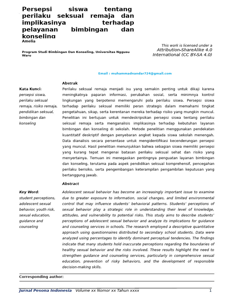 ARTIKEL Persepsi Siswa Tentang Perilaku Seksual Remaja Dan Implikasinya Terhadap Pelayanan ...