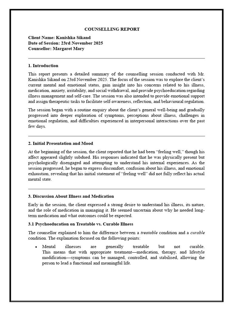 Counselling Report: Kanishka Sikand's Session | PDF | Anxiety | Mental ...