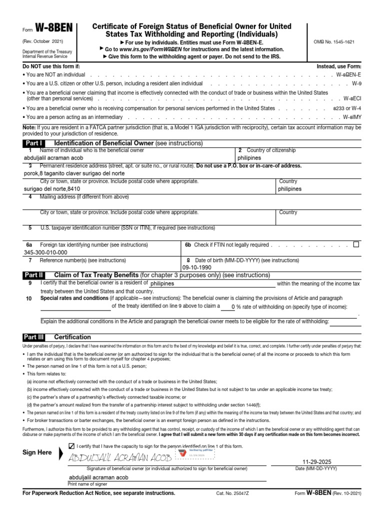 w-8BEN FORM | PDF | Taxation | Public Finance