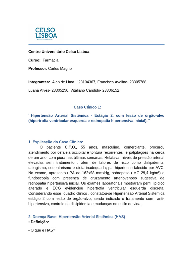 Cópia de Projeto Fase 1 - Caso clínico HAS | PDF | Hipertensão | Pressão sanguínea