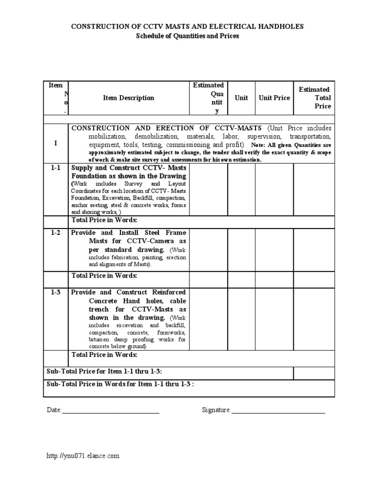 Sample Boq Forms | PDF | Prices | Closed Circuit Television
