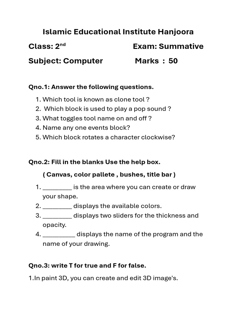Computer Paper Class 2nd Summative Assessment 2015 | PDF