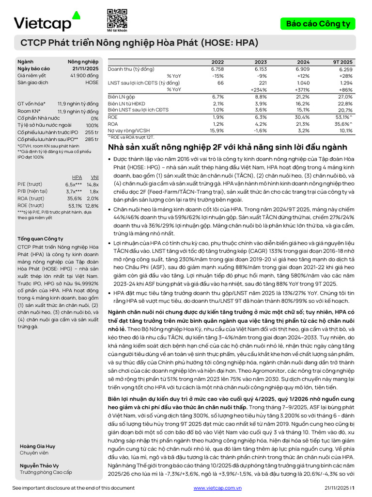 HPA-CTCP Phát Triển Nông Nghiệp Hòa Phát-Nhà Sản Xuất Nông Nghiệp 2F Với Khả Năng Sinh Lời Đầu ...