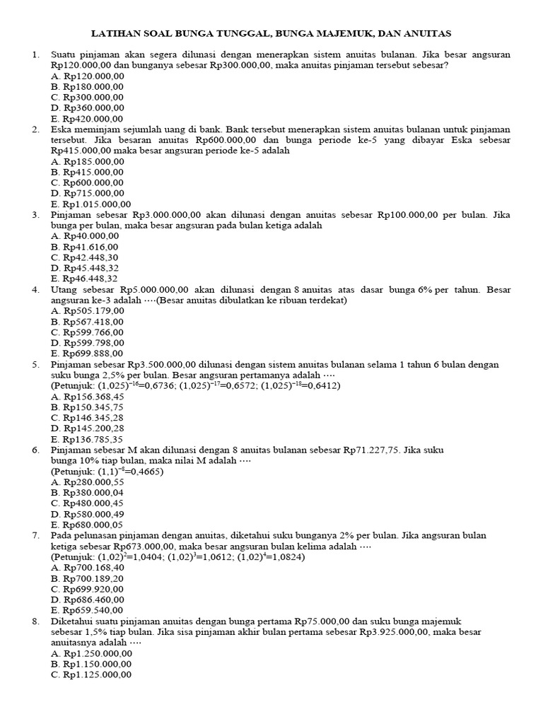 684888087 Latihan Soal Bunga Tunggal Bunga Majemuk Dan Anuitas | PDF