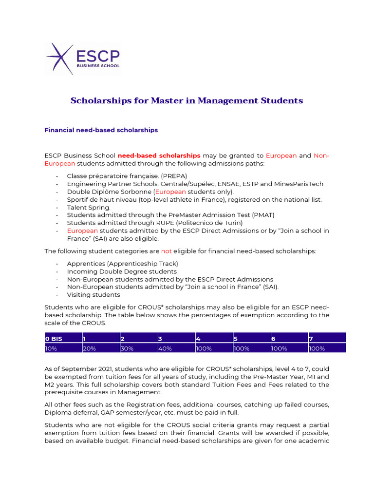 Scholarships Master in Management ESCP Business School | PDF ...
