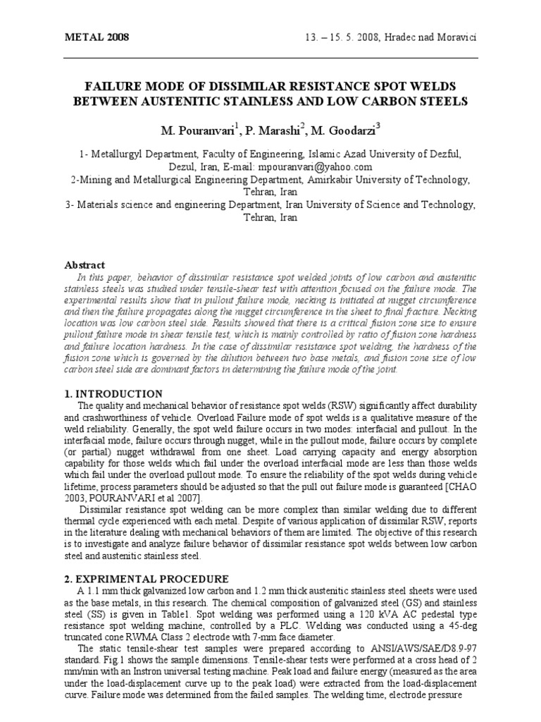 Failure Mode of Dissimilar Resistance Spot Welds Between Austenitic Stainless and Low Carbon ...