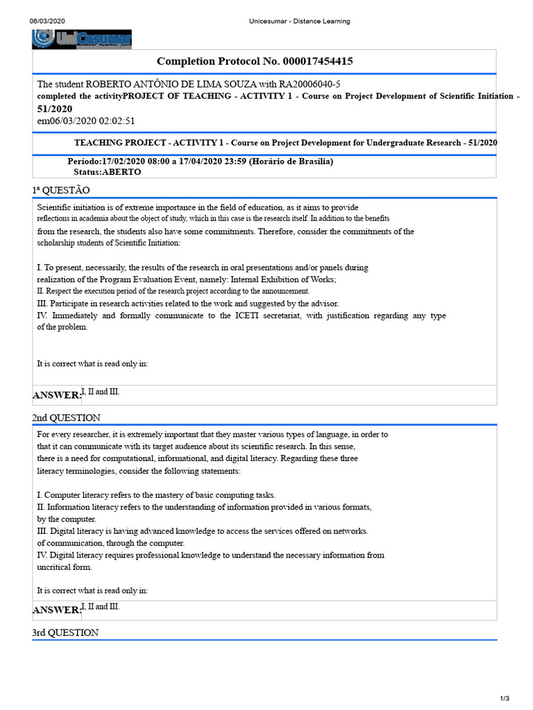 Development of Scientific Research Projects - Unicesumar - Activity 2 ...