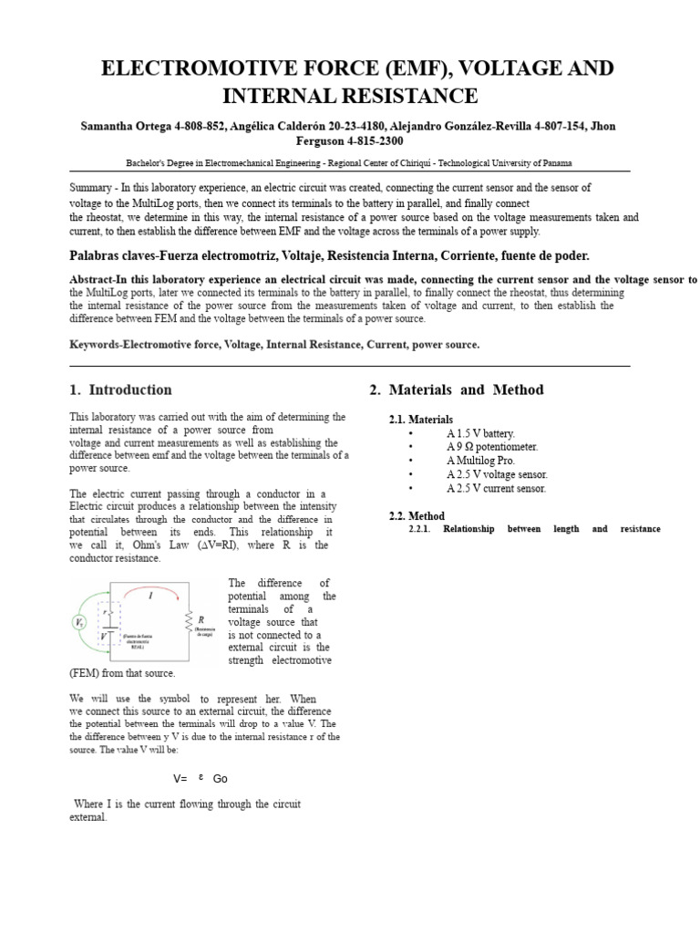 Laboratory 4 - Electromotive Force (Emf), Voltage and Internal ...