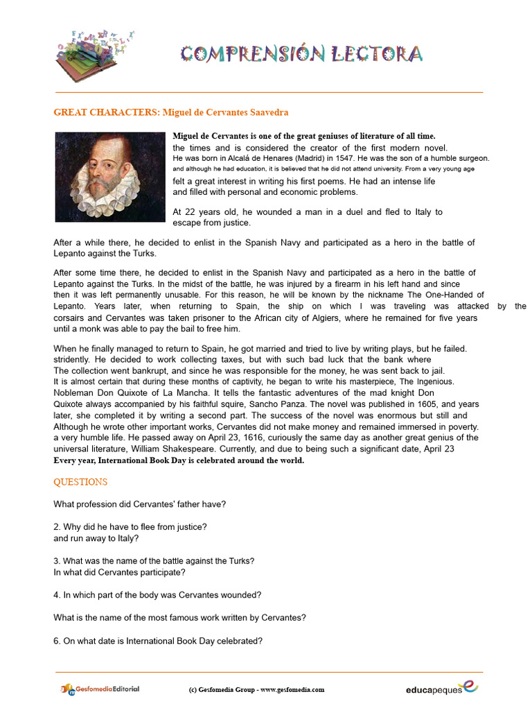 Reading Comprehension Sheet 1 | PDF | Miguel De Cervantes | Don Quixote