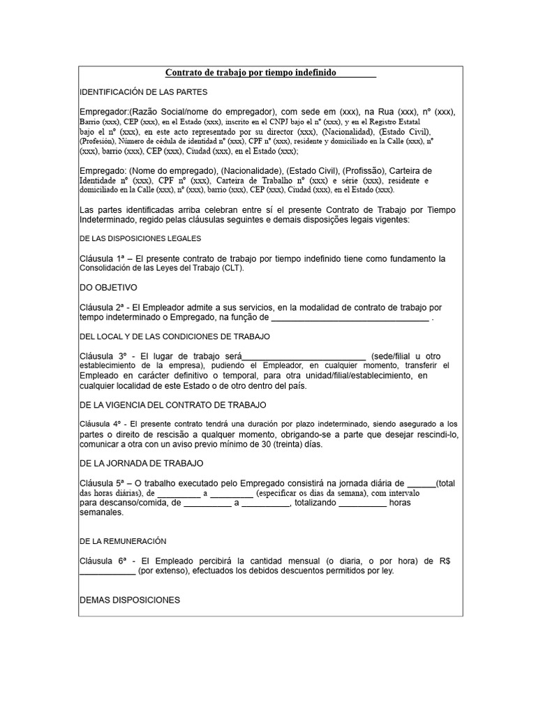 Modelo de Contrato Por Tiempo Indefinido - para El Trabajo | PDF