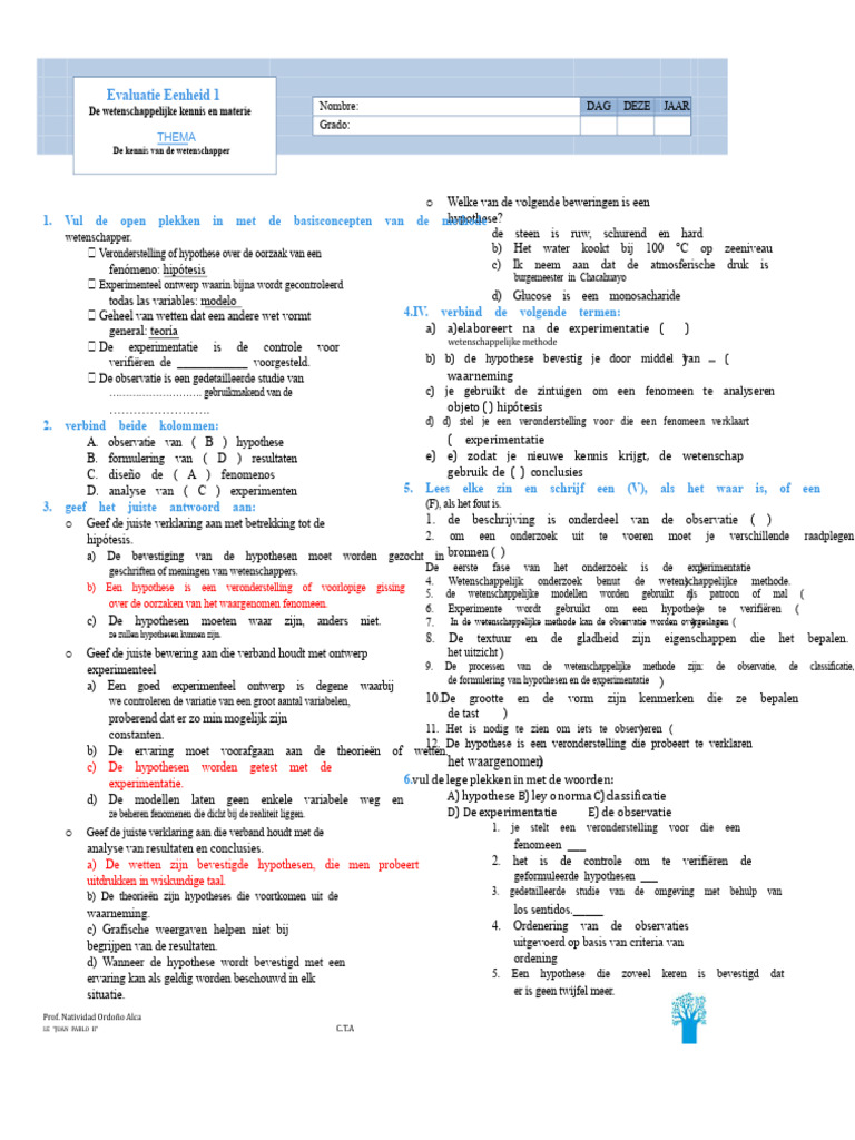 Evaluatie Van de 1e Eenheid 1° WETENSCHAPPELIJKE METHODE PDF | PDF