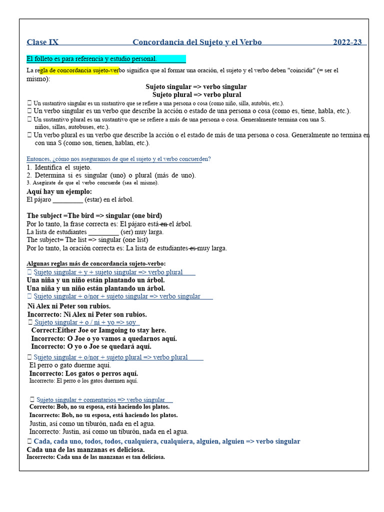 Clase IX - Hoja de Trabajo - Concordancia Entre Sujeto y Verbo | PDF ...