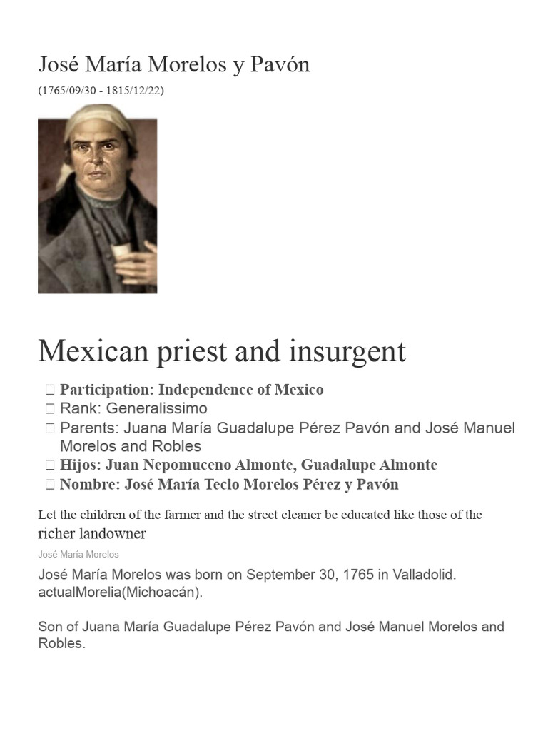José María Morelos: Mexican Insurgent Leader | PDF | Spanish ...