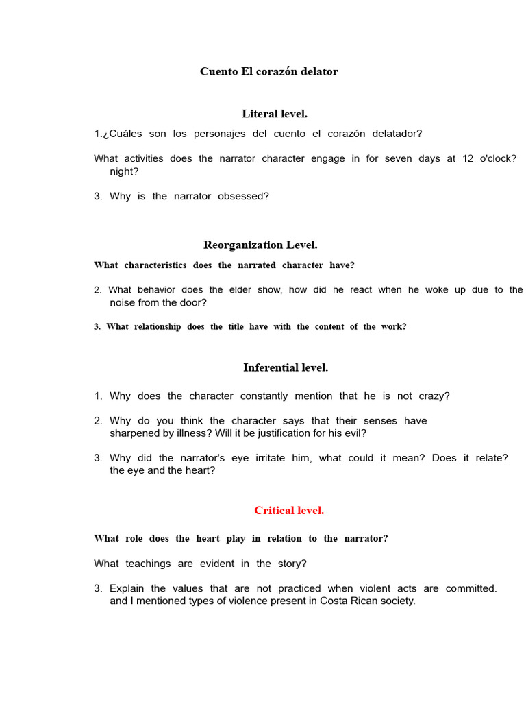 Questions Reading Levels Story The Tell-Tale Heart | PDF