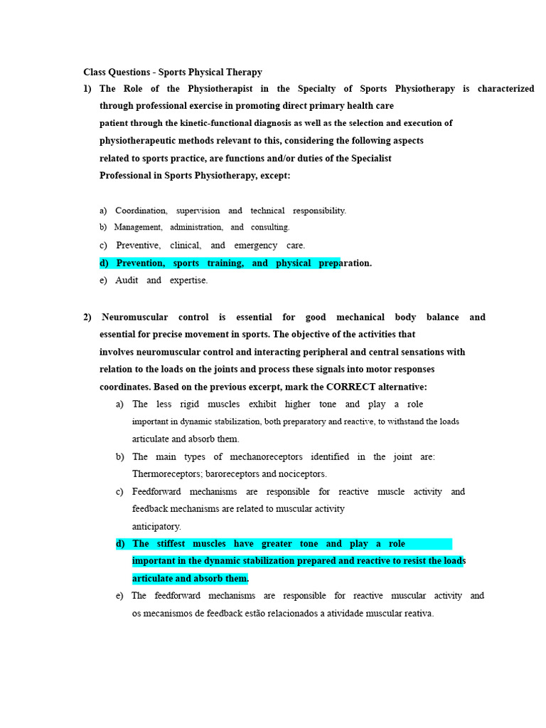 Correction of The Questions From The Class - Sports Physiotherapy | PDF ...