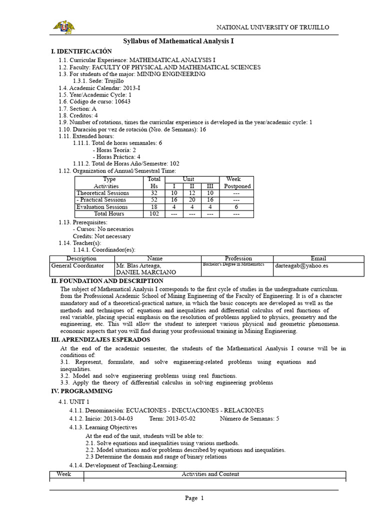 Mathematical Analysis I Syllabus - Mining Engineering | PDF | Equations ...