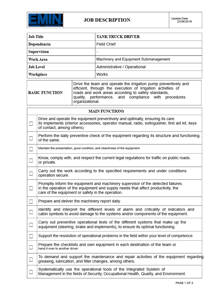 Tank Truck Driver Job Description | PDF | Safety | Occupational Safety ...