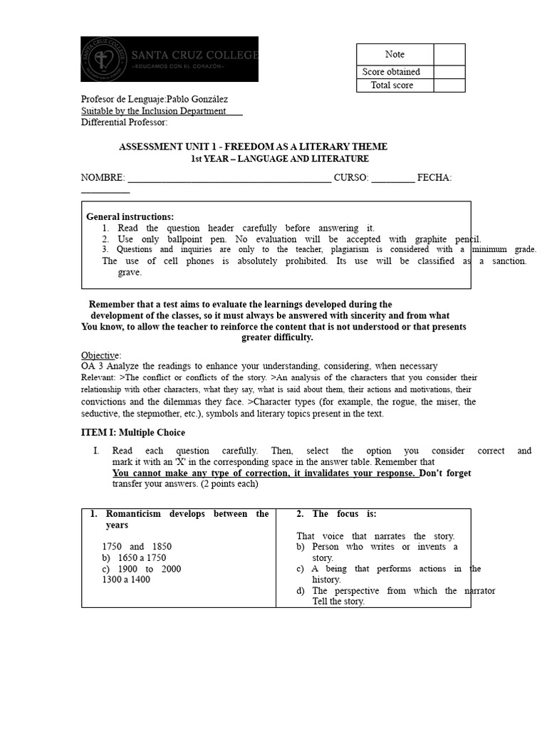 Evaluation I Medium Unit 1 Freedom As A Literary Theme | PDF | Genre ...