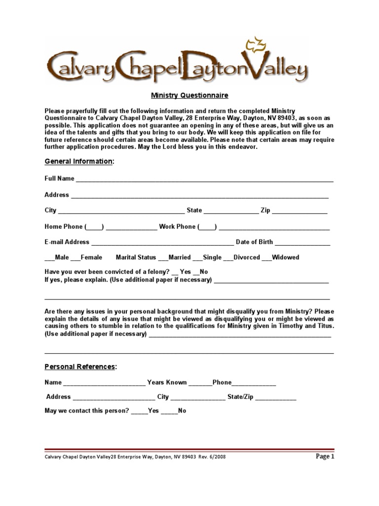 Ministry Questionnaire: Calvary Chapel Dayton Valley28 Enterprise Way ...