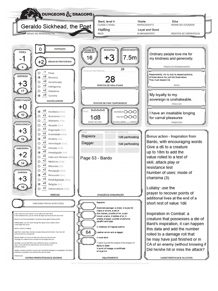 Geraldo, The Bard (Halfling) (D&D Character Sheet Example) | PDF