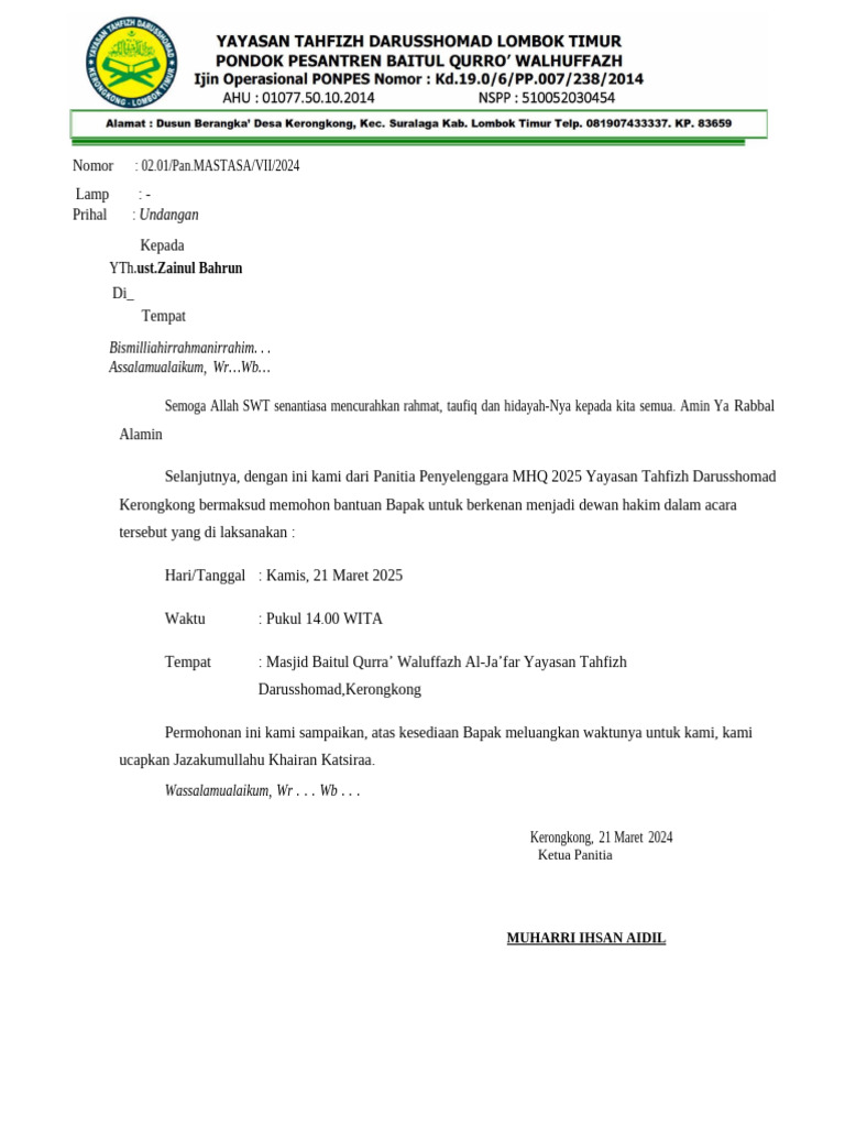 Undangan Dewan Hakim MHQ 2025 | PDF