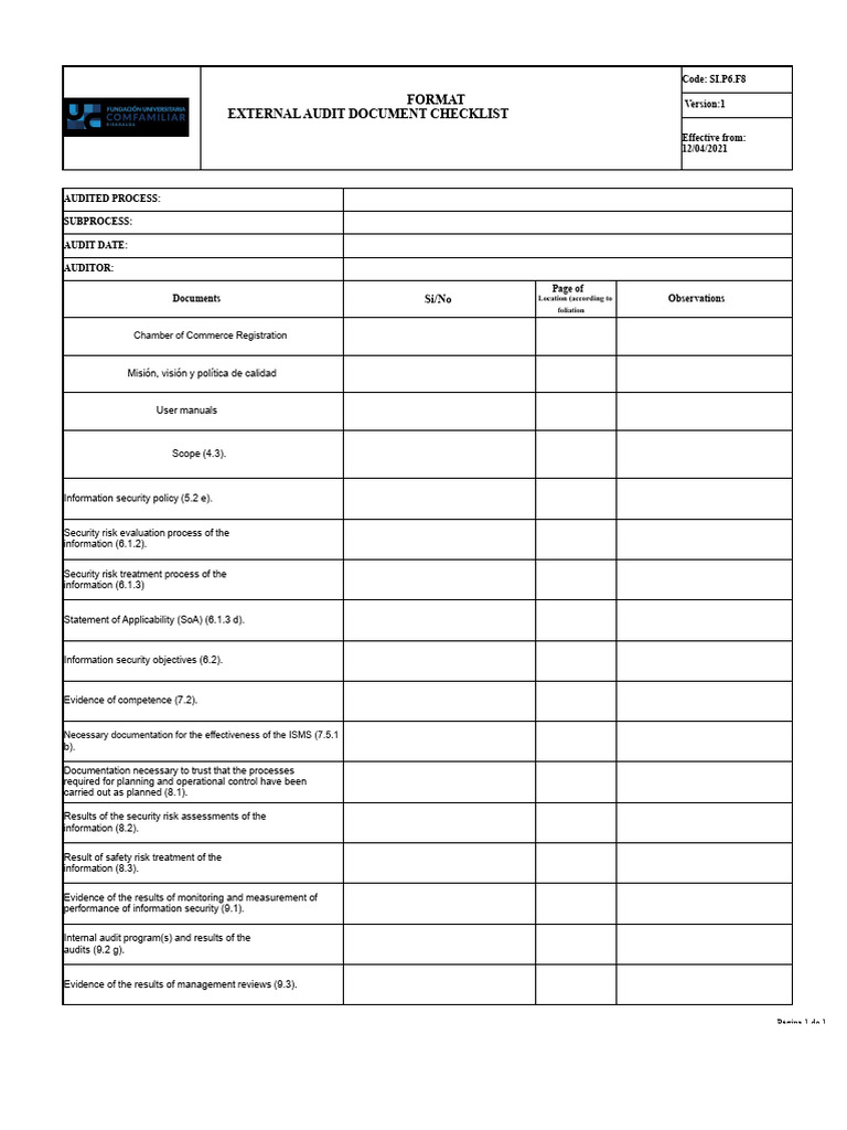 External Audit Document Checklist | PDF | Information Security | Audit