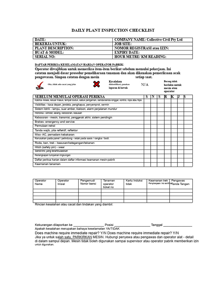 Checklist Inspeksi Harian Alat Berat | PDF