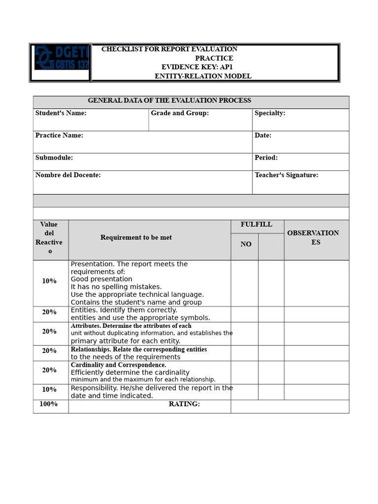 Checklist For The Evaluation of Practice Report Diagram E - R | PDF