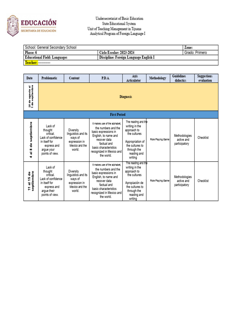 Analytical Program 2023-2024 First Grade English | PDF | Methodology ...