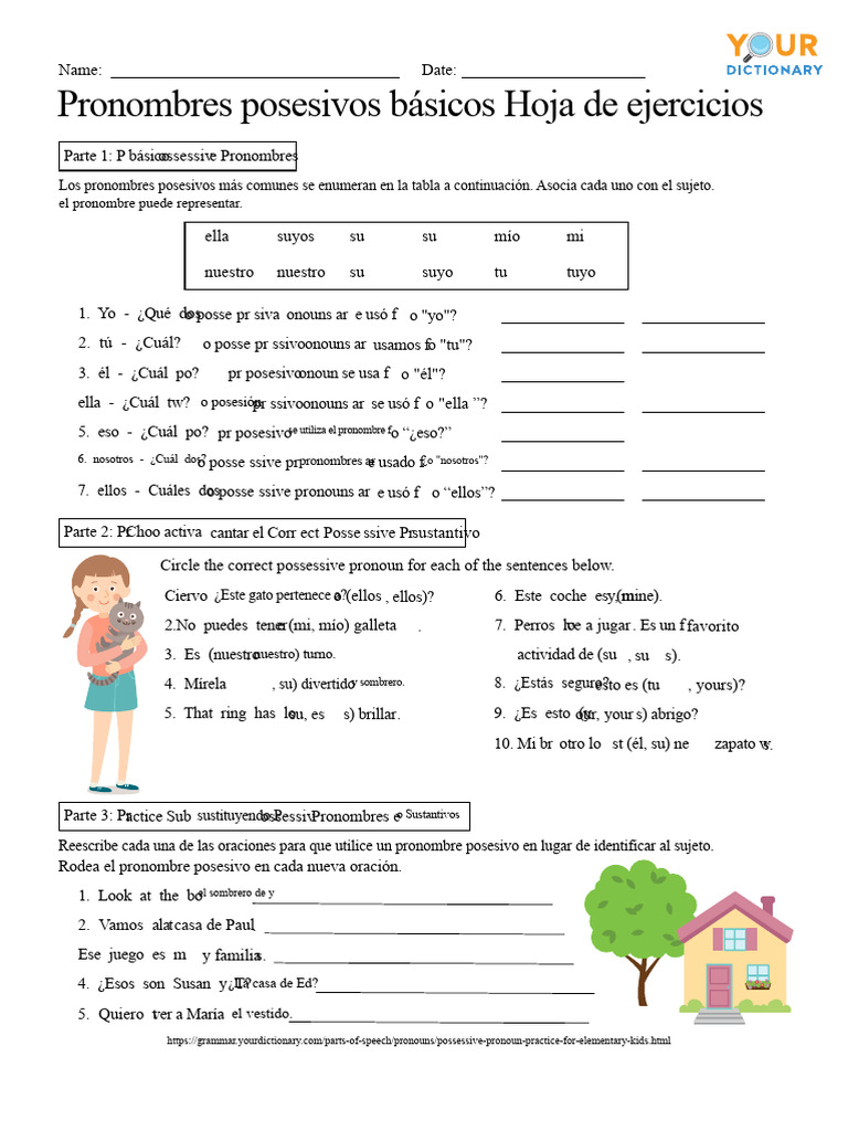 Hoja de trabajo sobre pronombres posesivos básicos | PDF | Pronombre ...