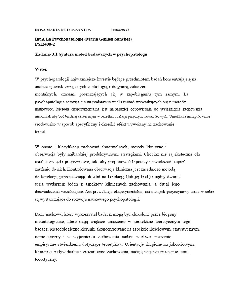 Zadanie 3.1 Synteza Metod Badawczych W Psychopatologii | PDF