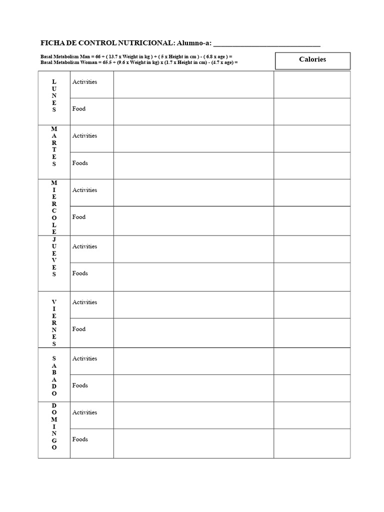 Nutritional Control Sheet | PDF