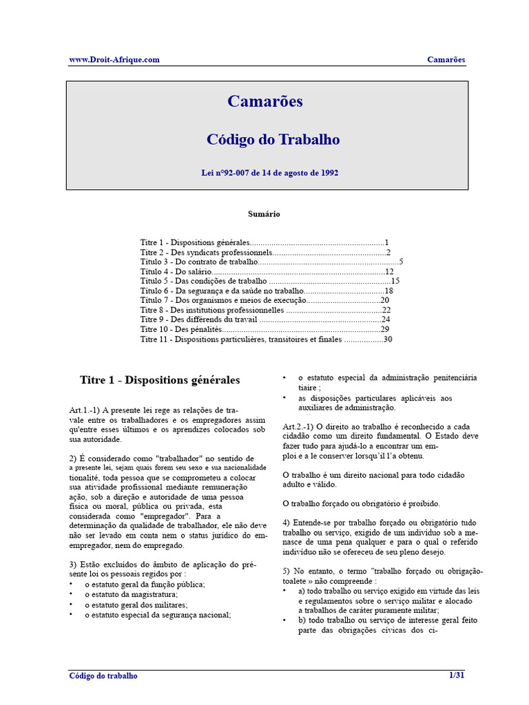 Código do Trabalho dos Camarões | PDF | Sindicato | Indenização