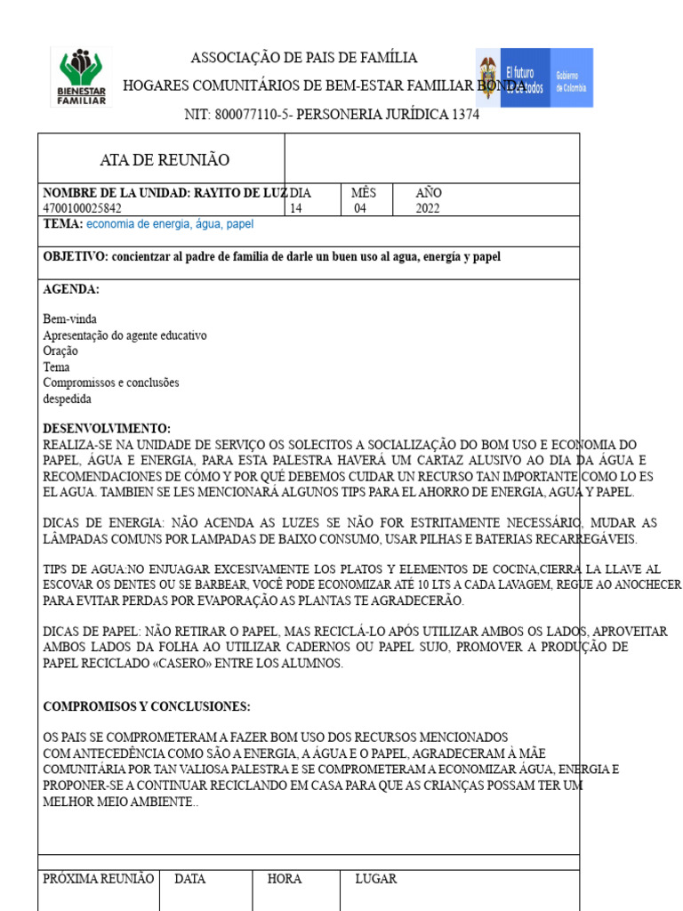 Ata de Economia de Água, Papel e Energia | PDF