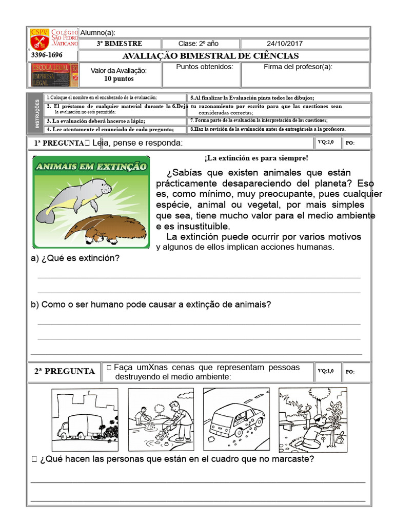 Evaluación Bimestral Ciencias 2º año 3bim 2014 | PDF | Extinción | Zoología