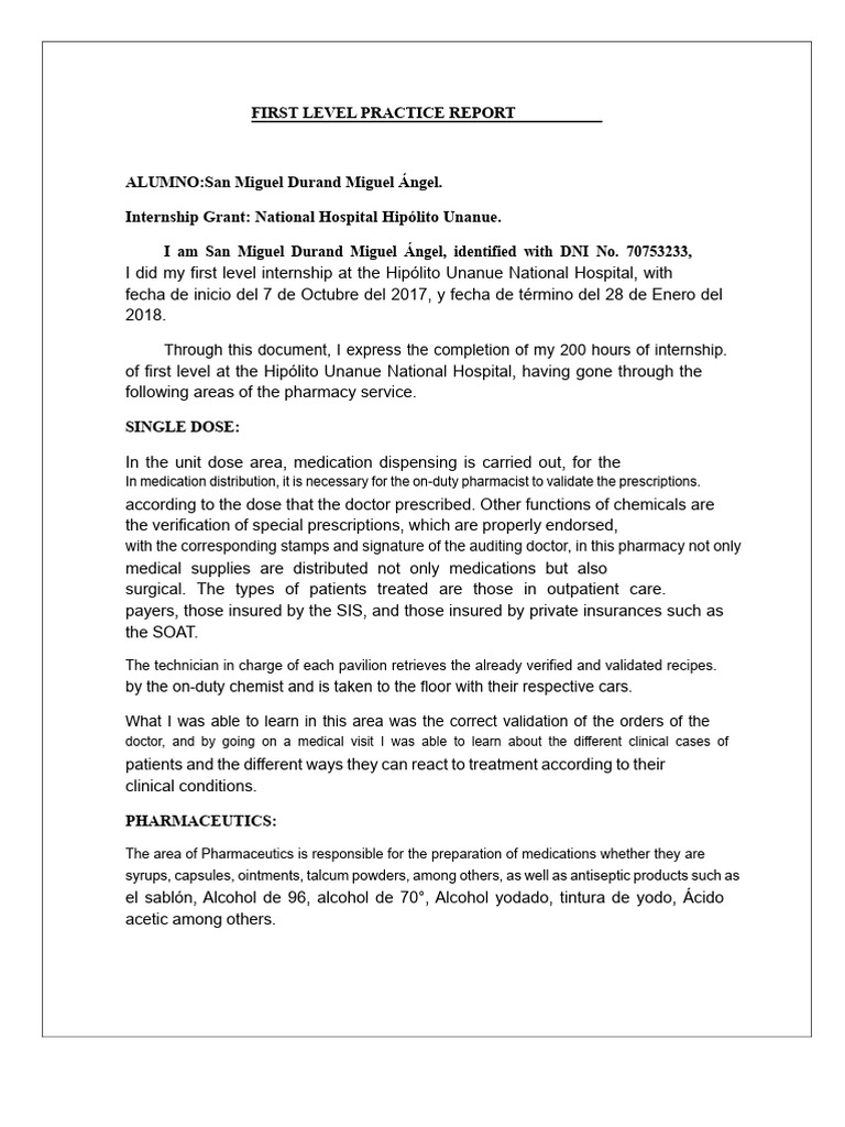First Level Internship Report at Hospital | PDF | Pharmacy | Medical ...
