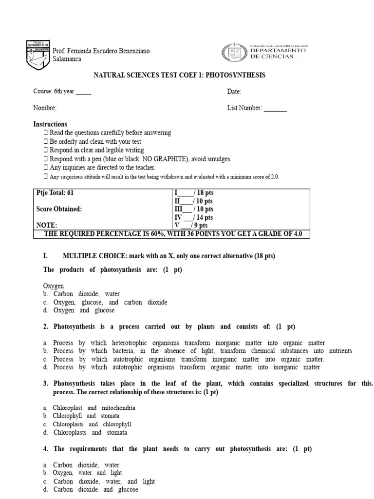 Photosynthesis Test for 6th Year Students | PDF | Photosynthesis ...