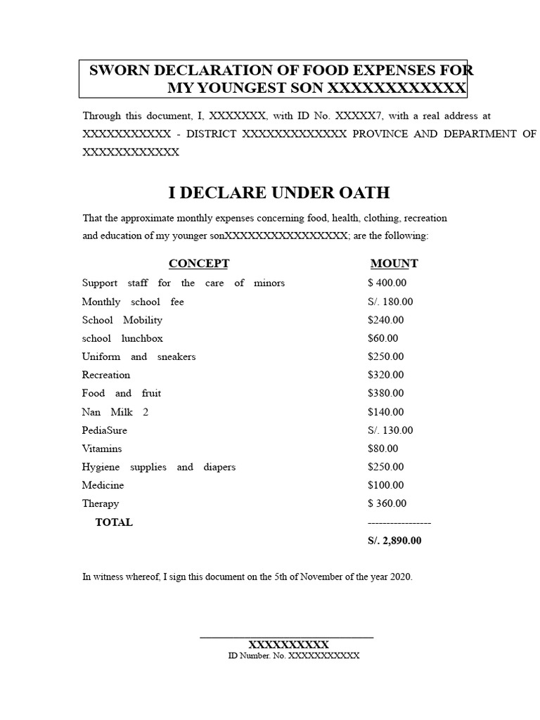 Sworn Declaration of Food Expenses | PDF