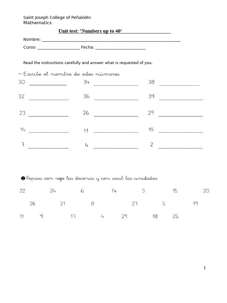 Test Numbers Up To 40 | PDF