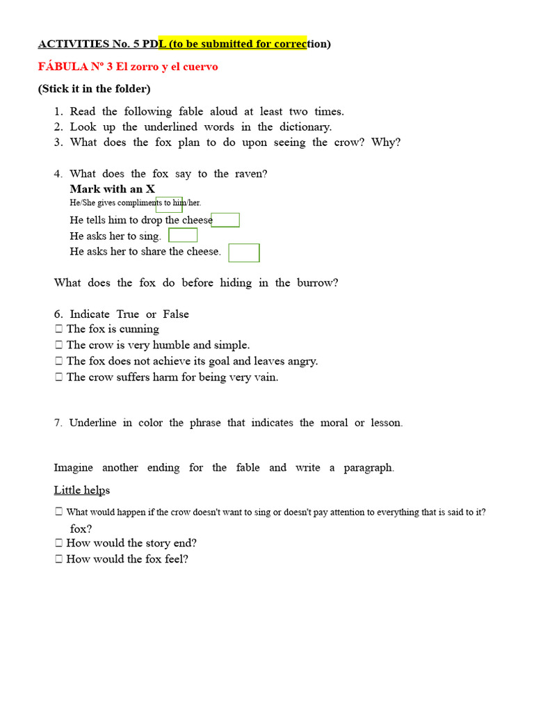 Fourth GRADE PRIMARY: Fable The Fox and The Crow Activities | PDF