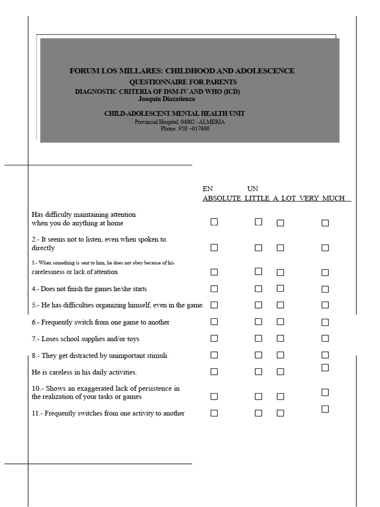 Questionnaire For Parents of ADHD | PDF | Attention Deficit ...
